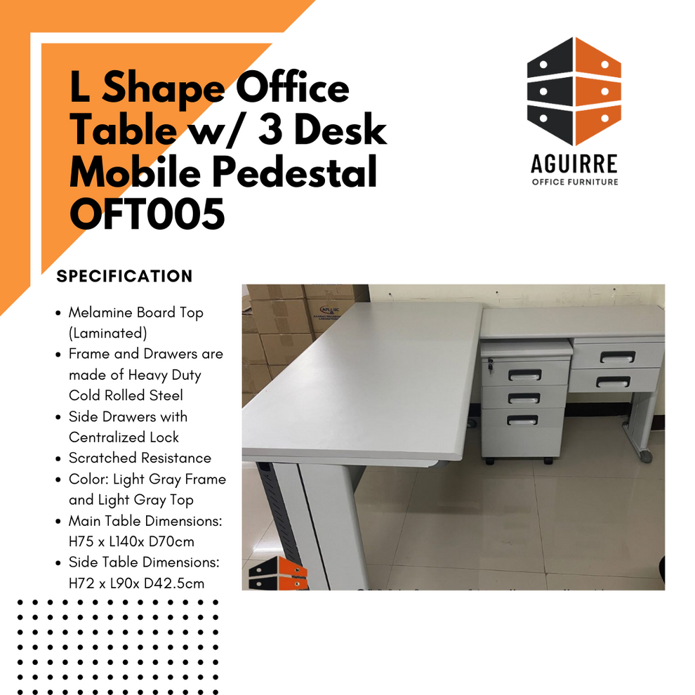 L Shape Office Table w/ 3 Desk Mobile Pedestal OFT005 – Aguirre Office ...